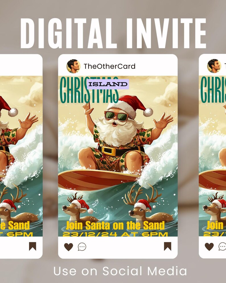 Island Christmas Invite, Beach Party, Beach Christmas, Santa Surfing ...