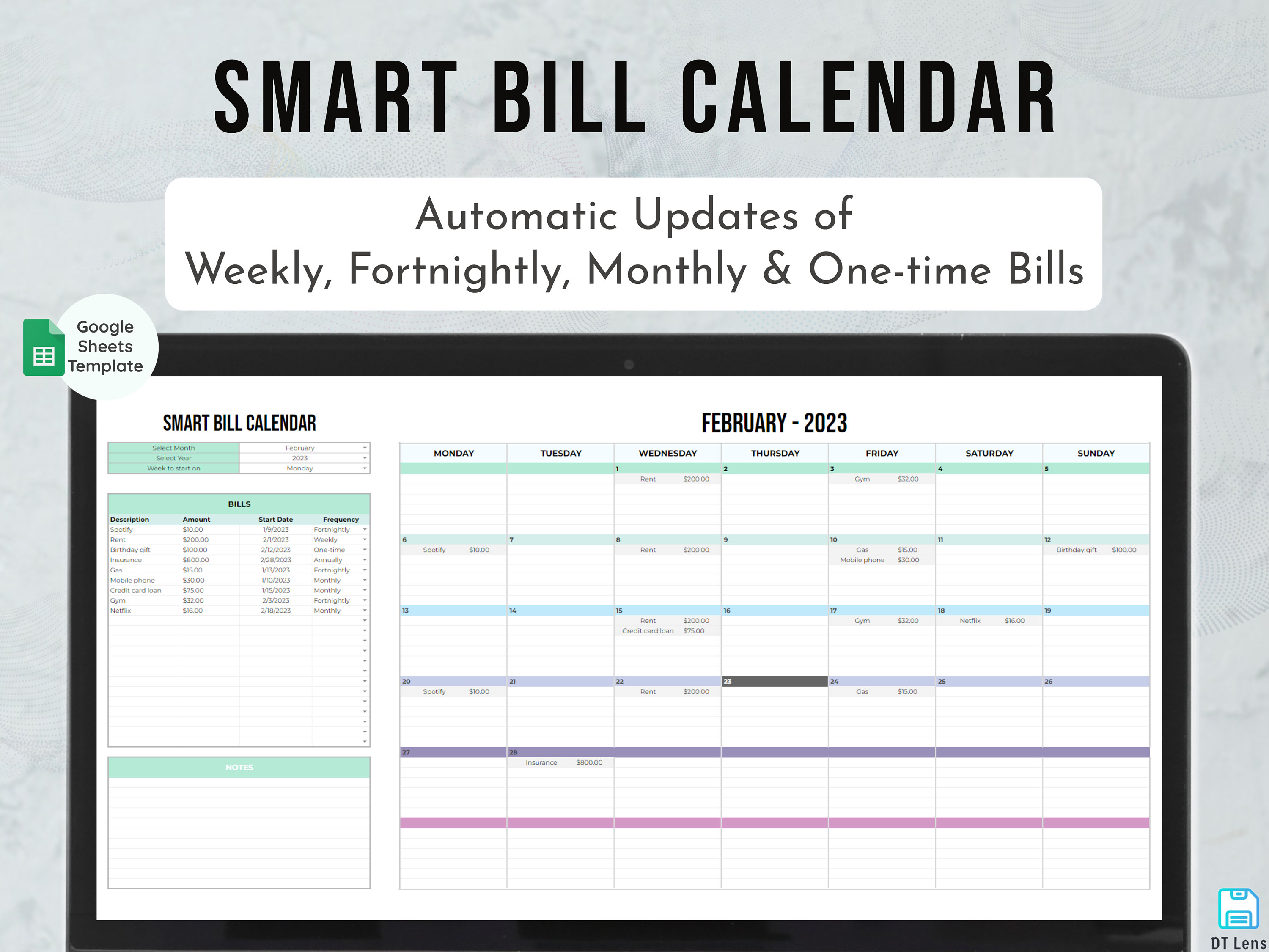 Smart Bill Calendar 2025-2026, Google Sheets Automatic Bill Calendar, Weekly Fortnightly Monthly ...