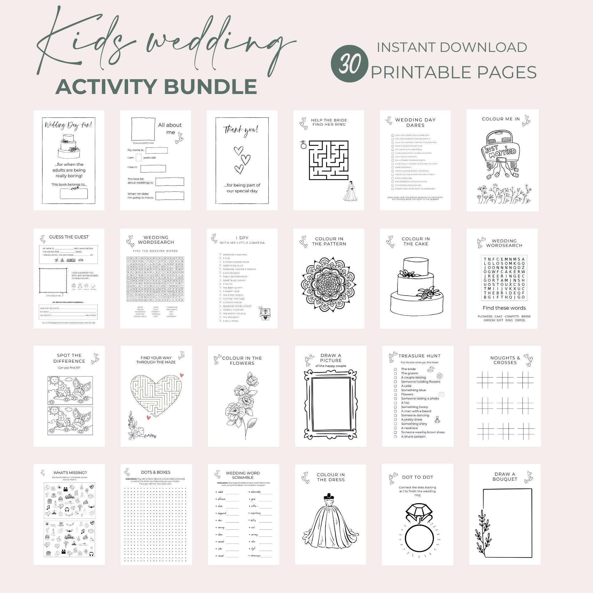 Kids Wedding Activity Pages & Colouring Pages Single Sheets or Book ...