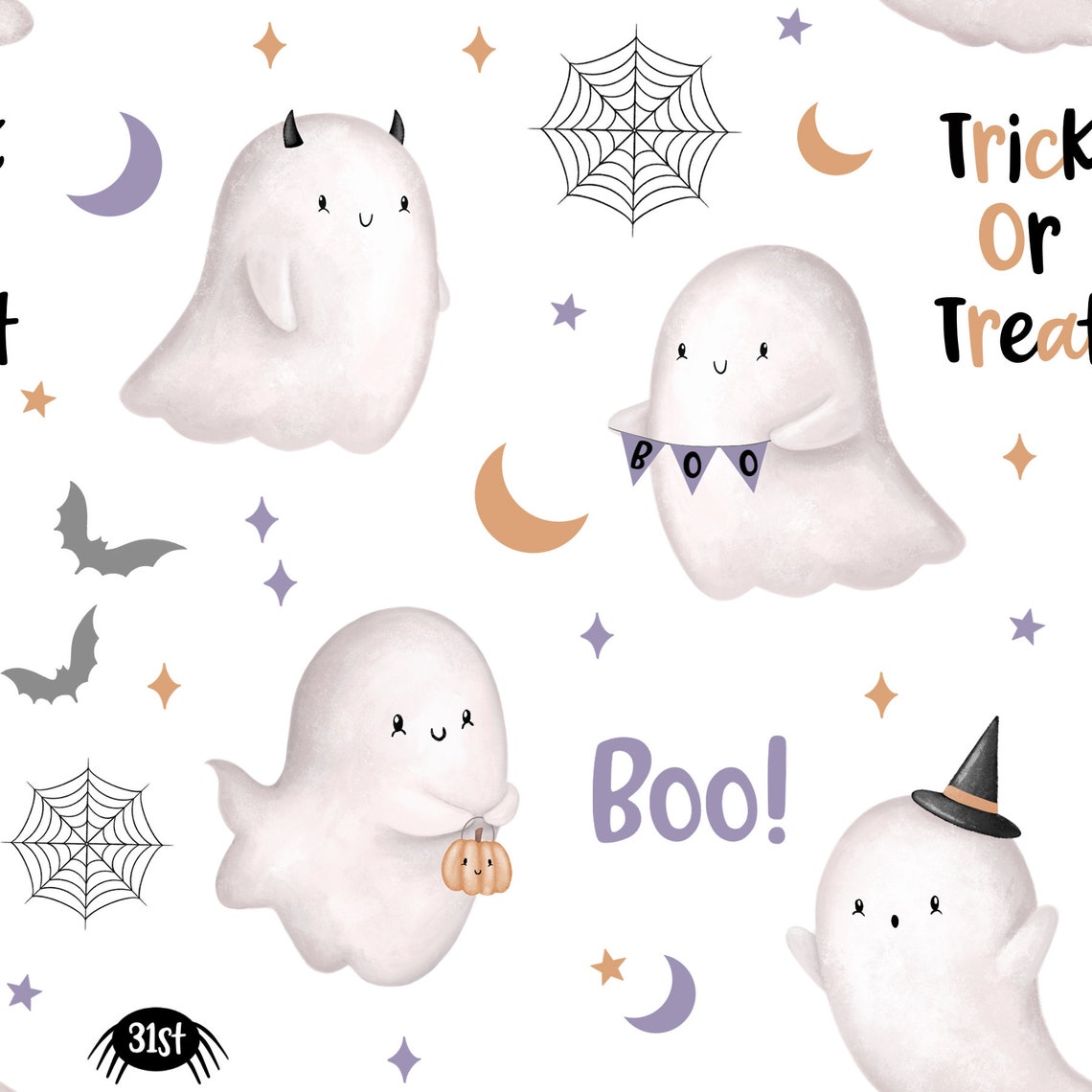Cute Ghosts Seamless Pattern Design File, Halloween Fabric Design, Spooky Ghouls, Fabric ...