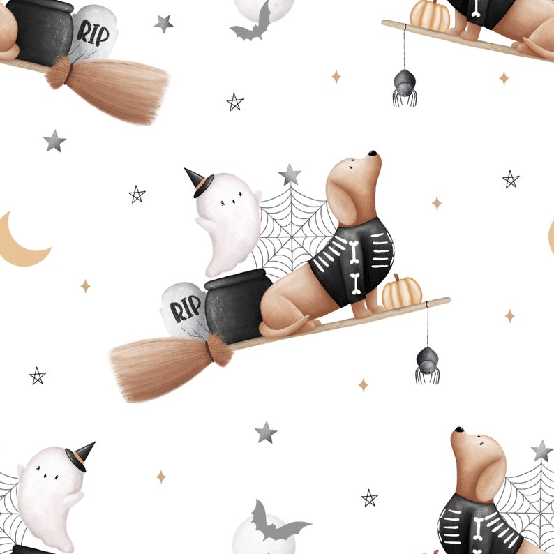 Cute Ghosts Seamless Pattern, Halloween Fabric Design, Spooky Dog ...