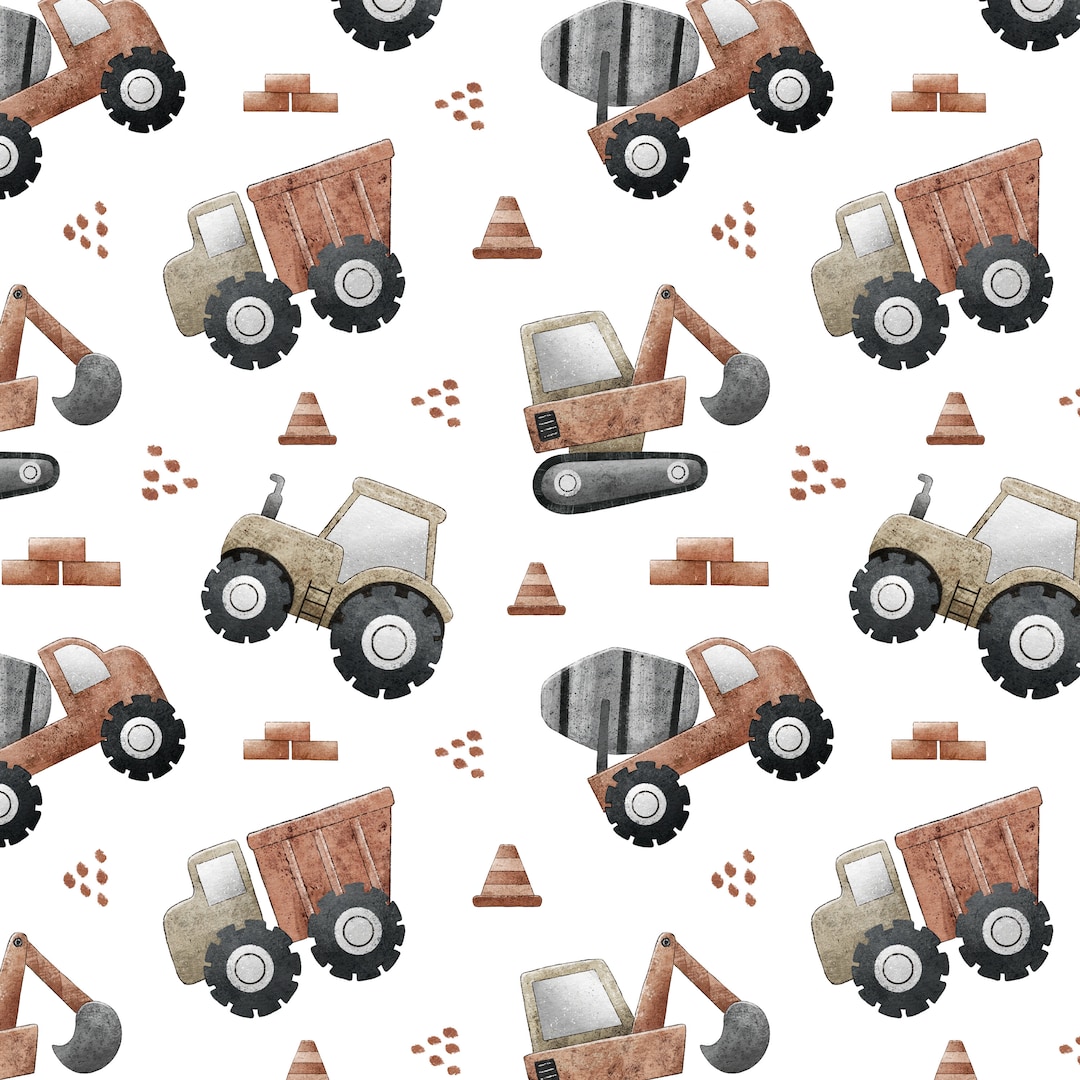 Construction Pattern Digital File, Tractor, Dump Truck, Digger Seamless ...