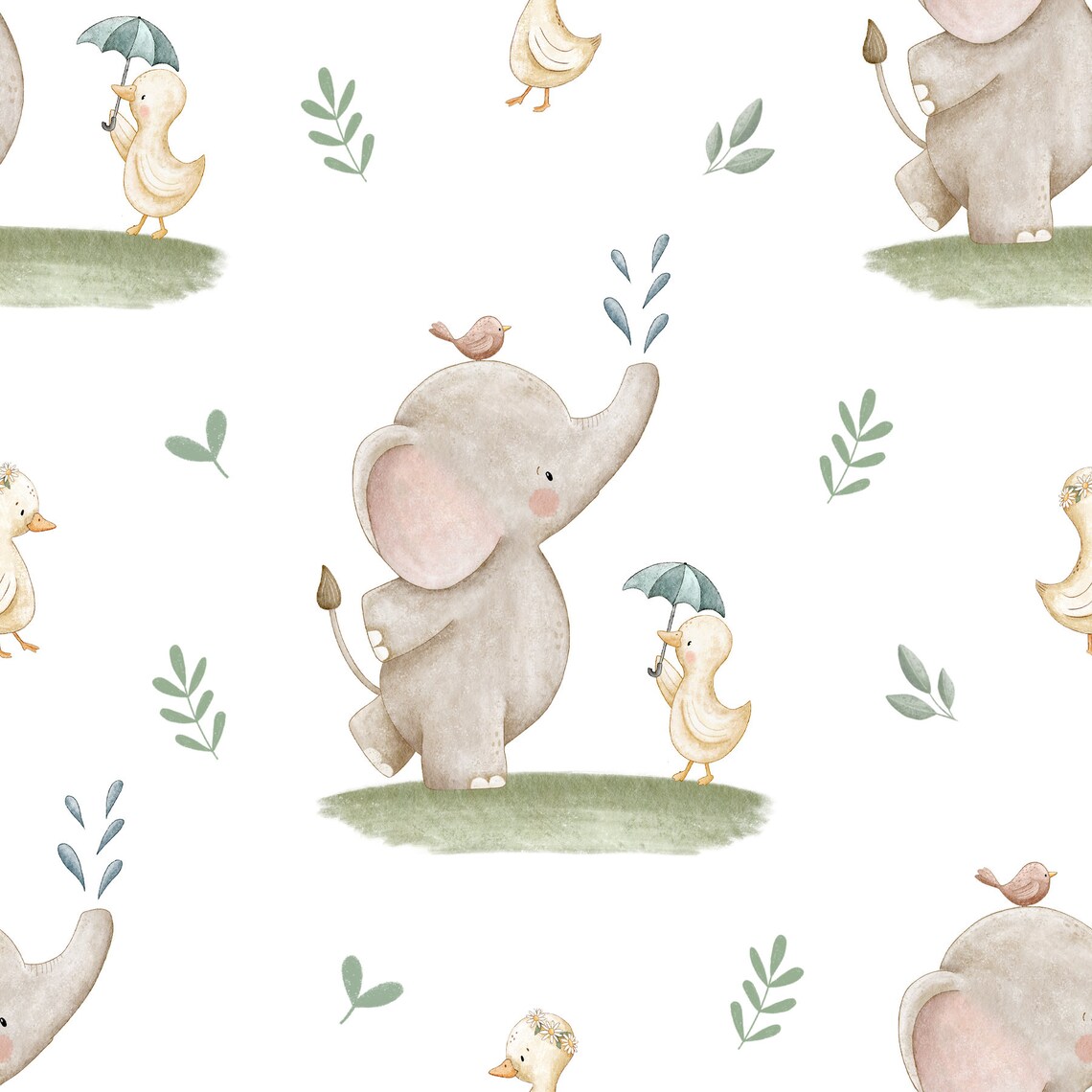 Spring Elephant and Duck Seamless Pattern, Cute Fabric Design, Baby ...