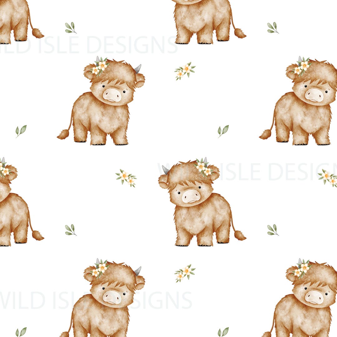 Hand Drawn Highland Cow Seamless Pattern, Farm Fabric Design, Baby ...