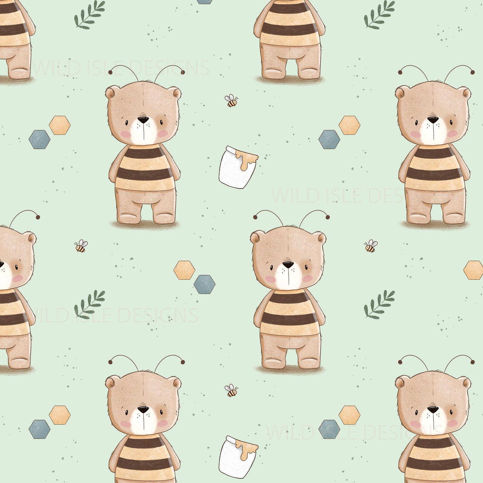 Hand Drawn Bumble Bear Seamless Pattern Digital File, Bumblebee Fabric ...