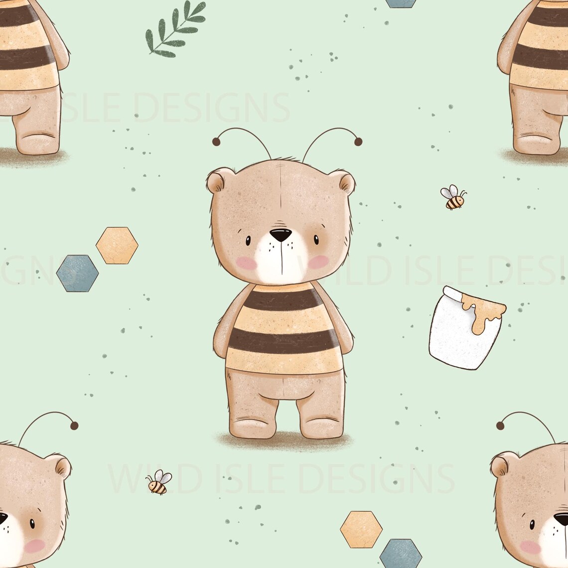 Hand Drawn Bumble Bear Seamless Pattern Digital File, Bumblebee Fabric ...