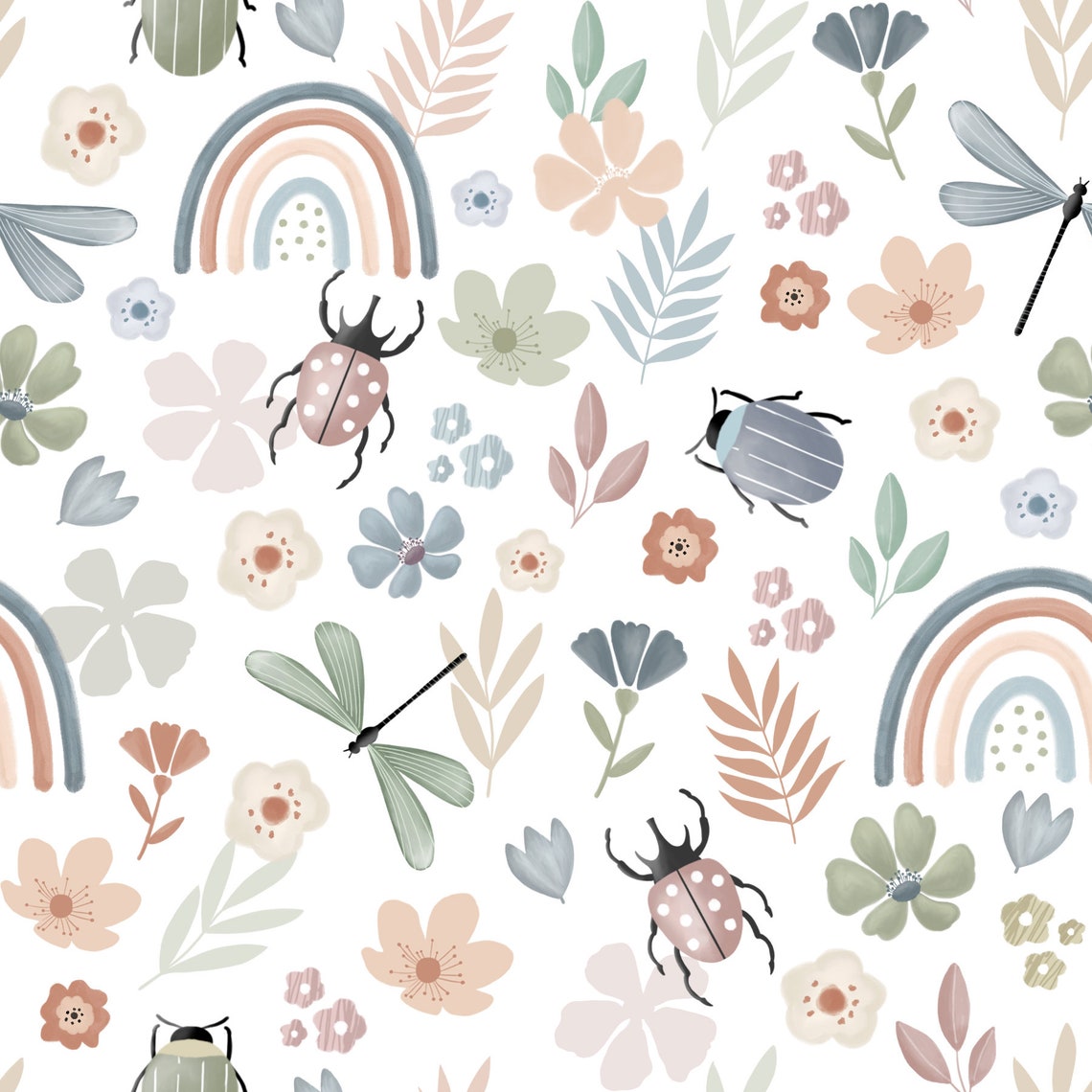 Spring Garden Seamless Pattern, Digital Download, Bug, Dragonfly Floral ...