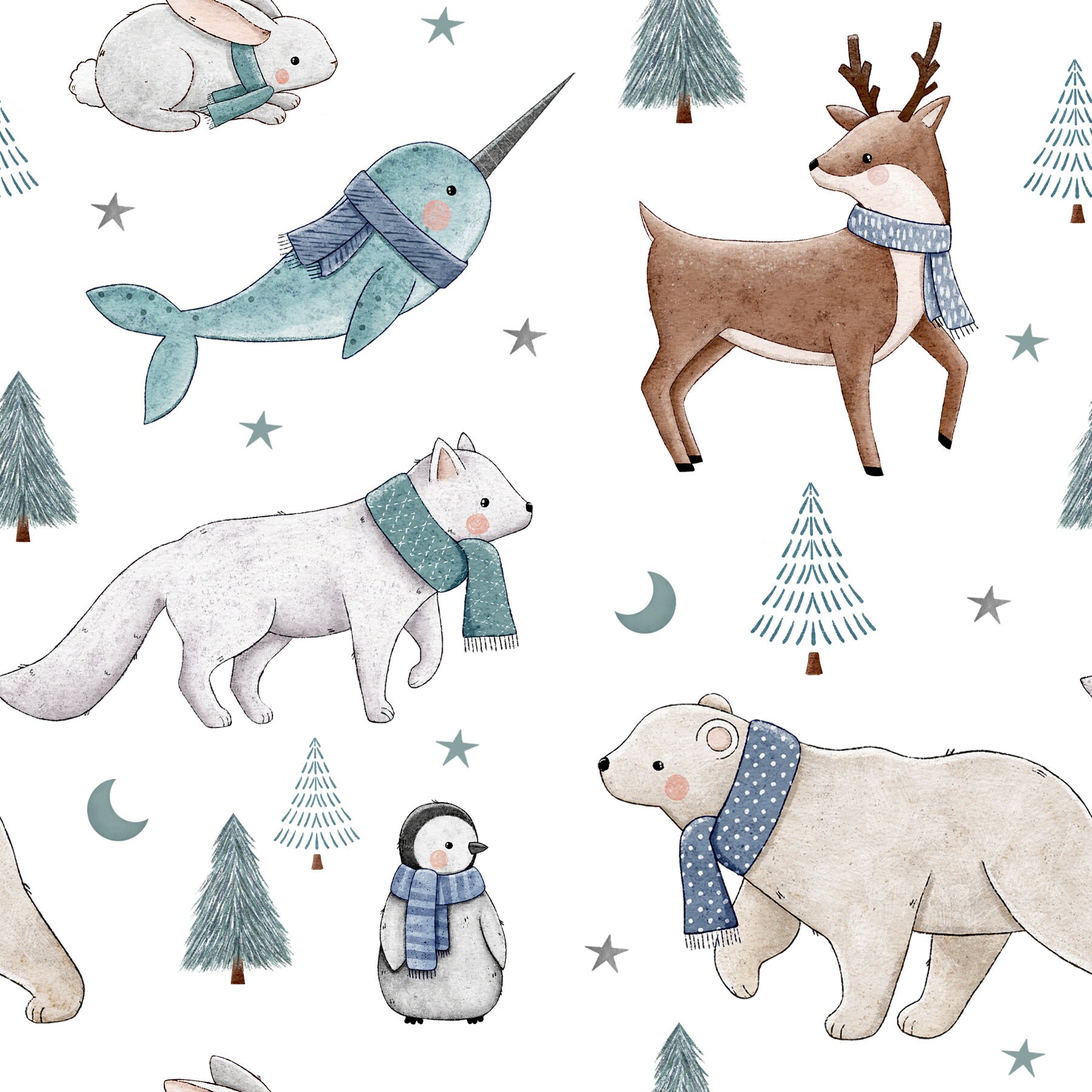 Arctic Winter Animals Seamless Pattern, Lapland Digital File, Polar ...