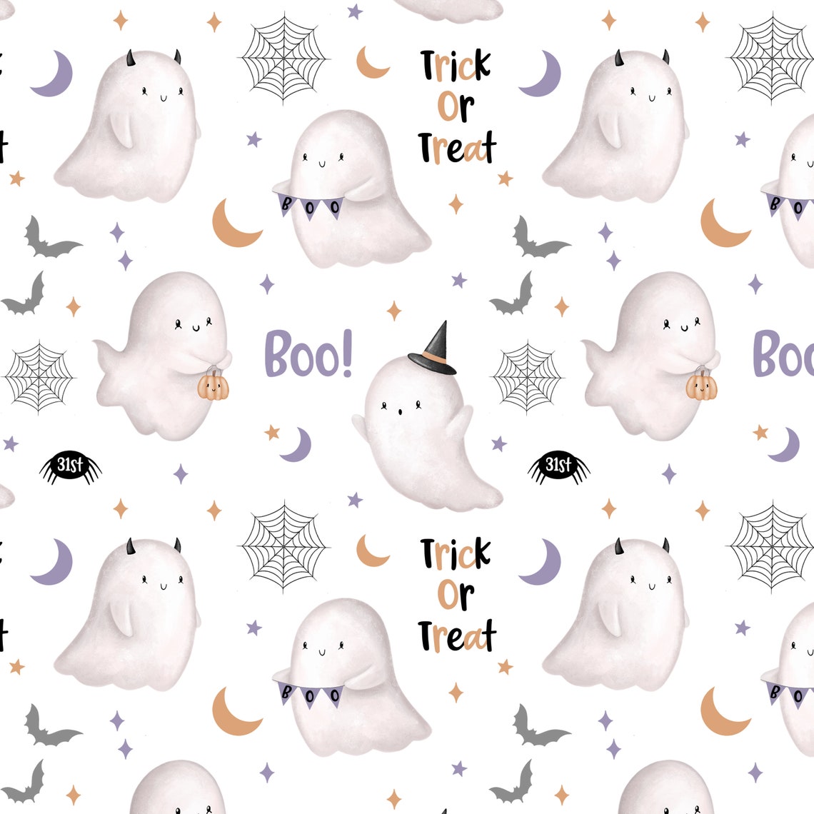 Cute Ghosts Seamless Pattern Design File, Halloween Fabric Design, Spooky Ghouls, Fabric ...