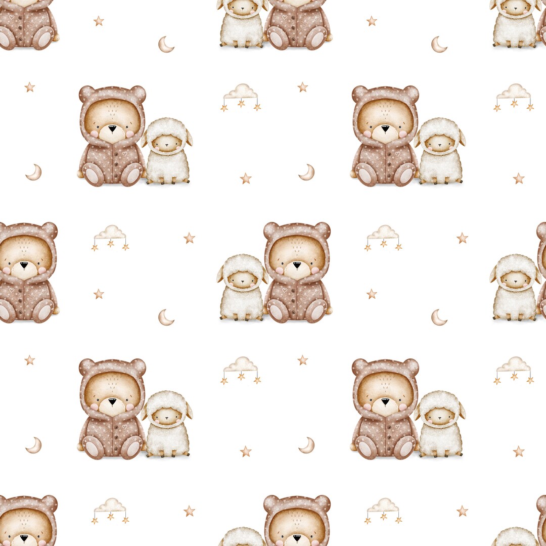 Bedtime Teddy Seamless Pattern, Sheep and Bear Fabric Design, Baby ...