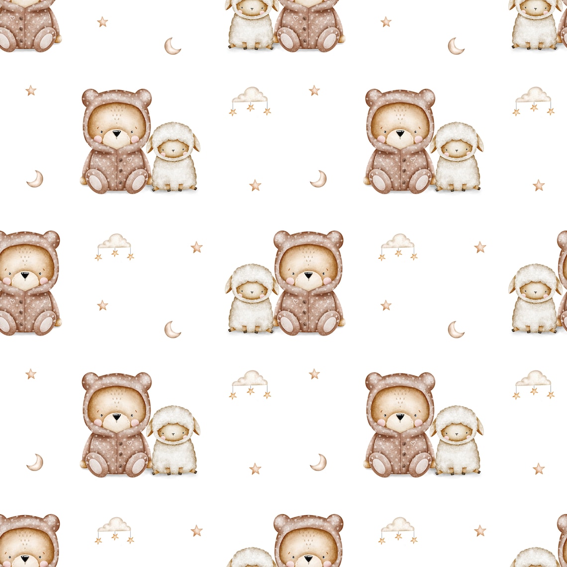 Bedtime Teddy Seamless Pattern, Sheep and Bear Fabric Design, Baby ...