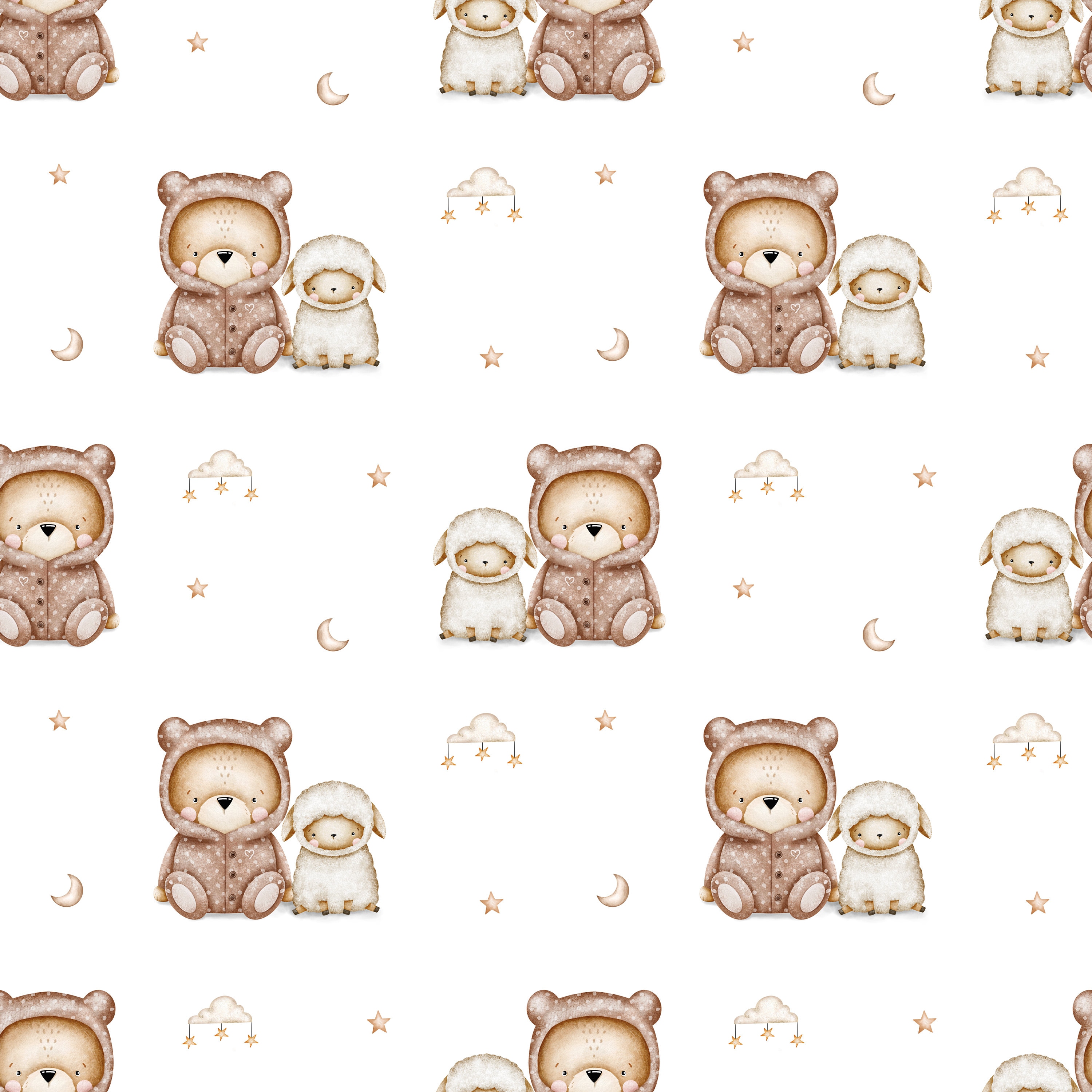 Bedtime Teddy Seamless Pattern, Sheep and Bear Fabric Design, Baby ...