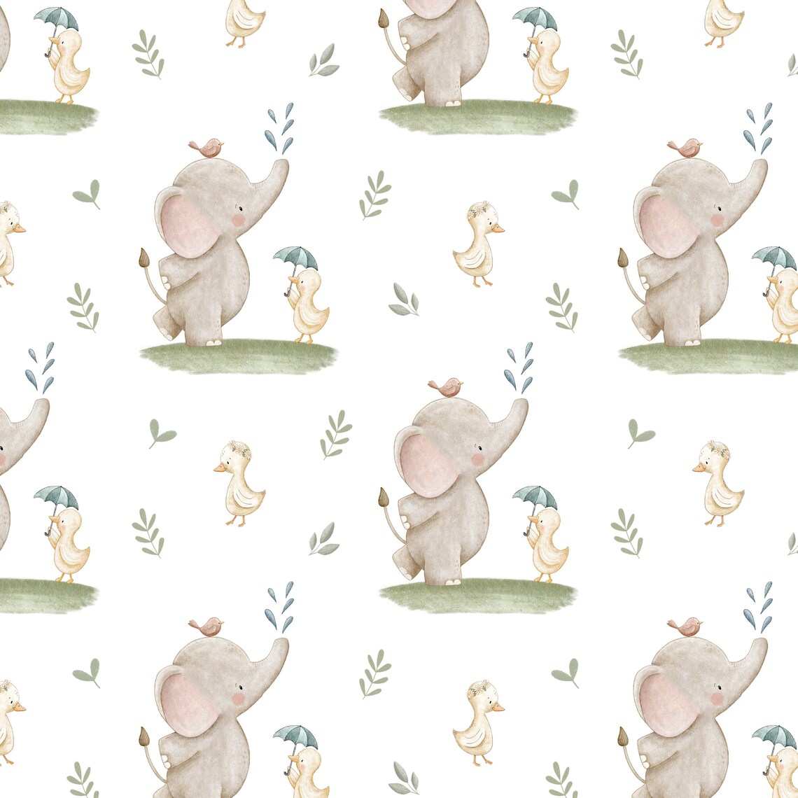 Spring Elephant and Duck Seamless Pattern, Cute Fabric Design, Baby ...