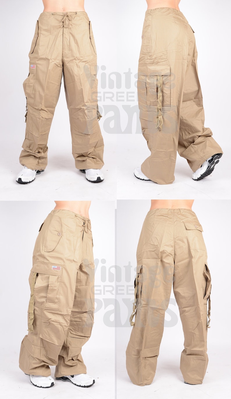 UFO Jeans Beige Parachute Pants: Unisex Baggy Lined Cargo Pocketpants ...