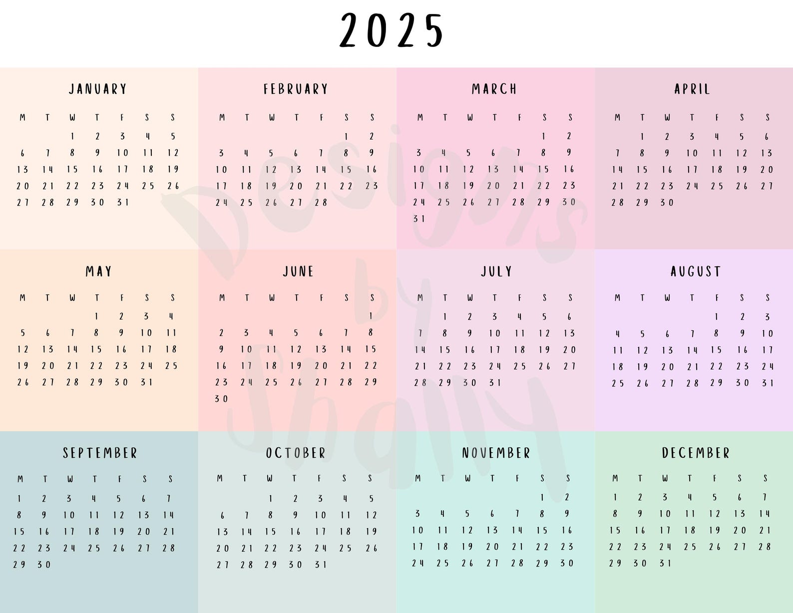 2025 Yearly Calendar Pastel Colours - Etsy