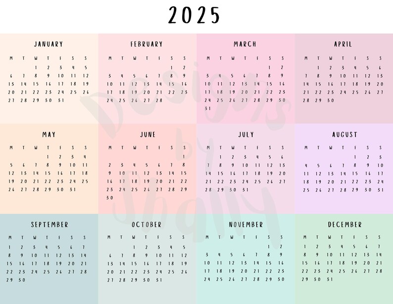 2025 Yearly Calendar Pastel Colours - Etsy