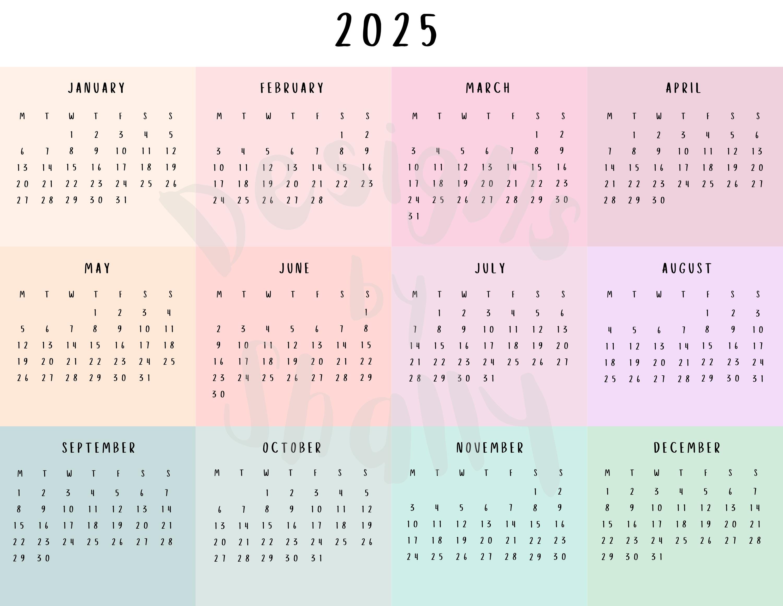 2025 Yearly Calendar Pastel Colours - Etsy