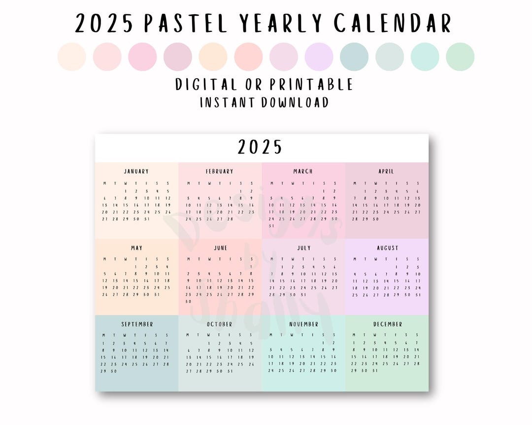 2025 Yearly Calendar Pastel Colours - Etsy