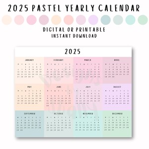 2025 Yearly Calendar Pastel Colours - Etsy