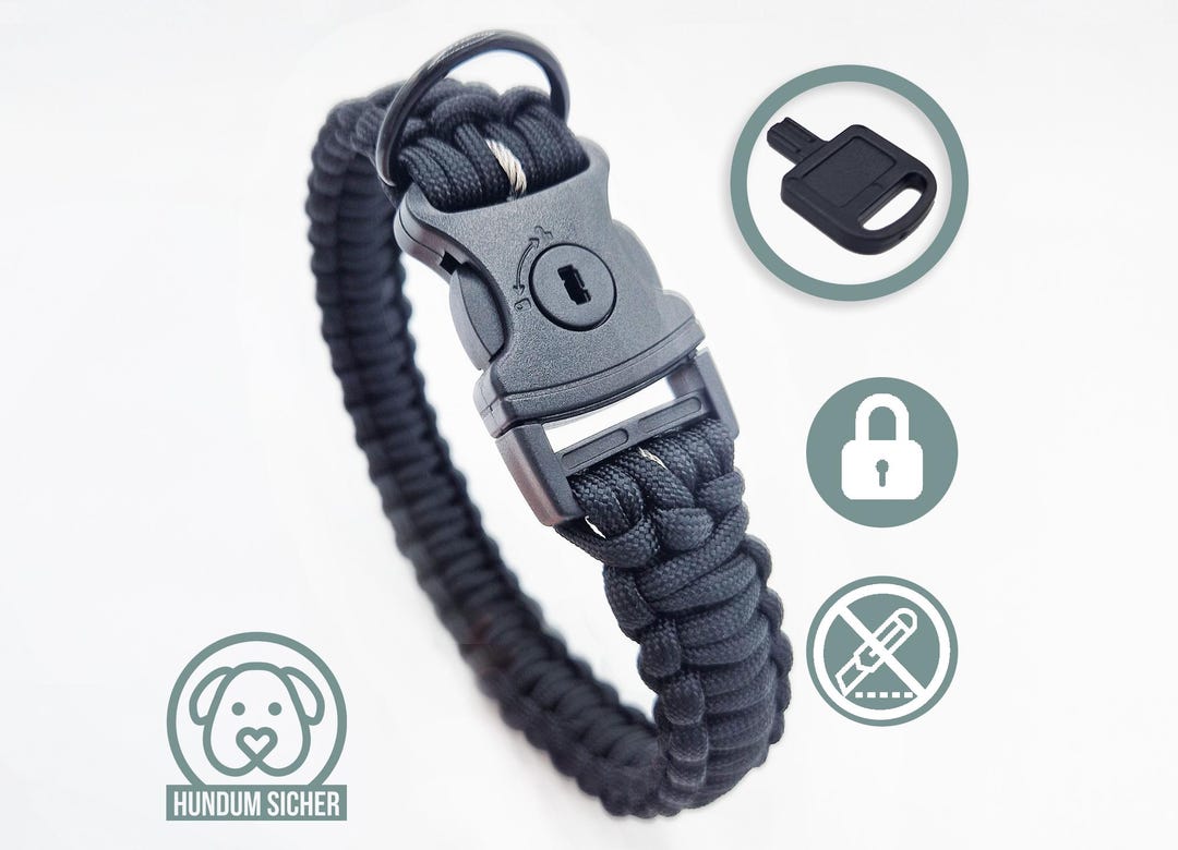 Lockable Dog Collar Black – Paracord With Lock & Steel Cable, Anti ...