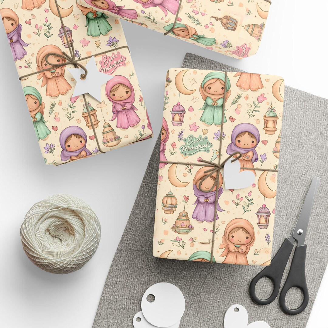 Eid Mubarak Girls Wrapping Paper | Cute Hijab Dolls Gift Wrap | Islamic ...