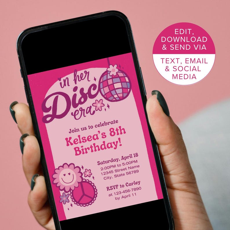 Disco Daisy Editable Birthday Party Invitation, Retro Flower, Mobile ...
