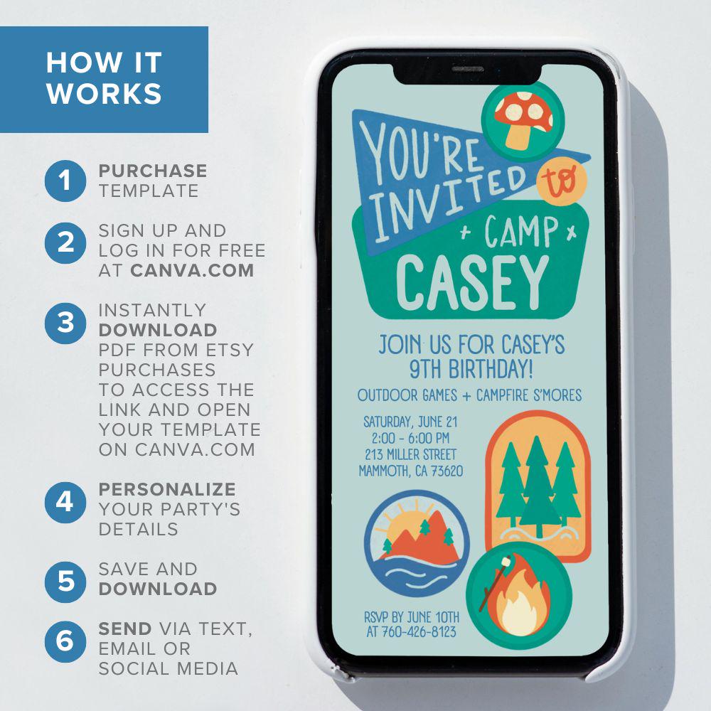 Camping Birthday Party Invitation, Happy Camper Digital Invite, Outdoor ...
