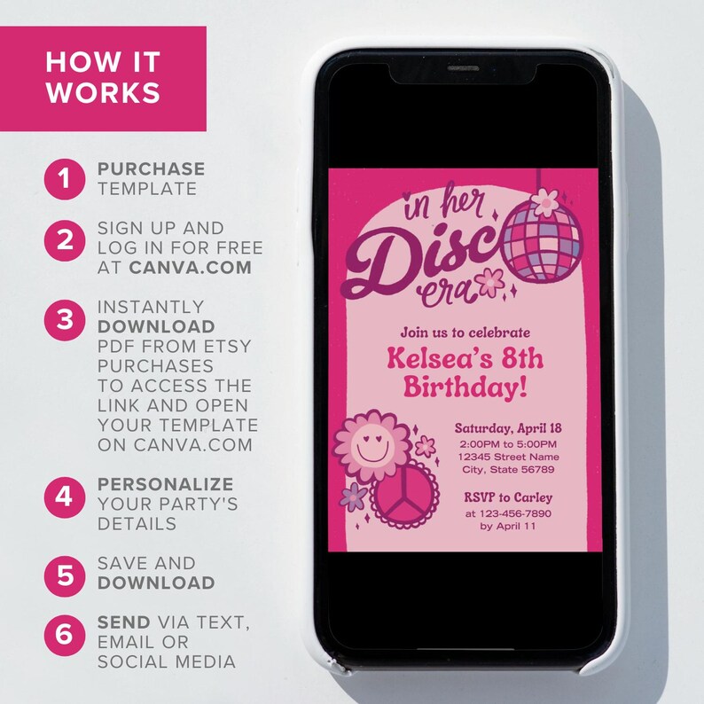 Disco Daisy Editable Birthday Party Invitation, Retro Flower, Mobile ...