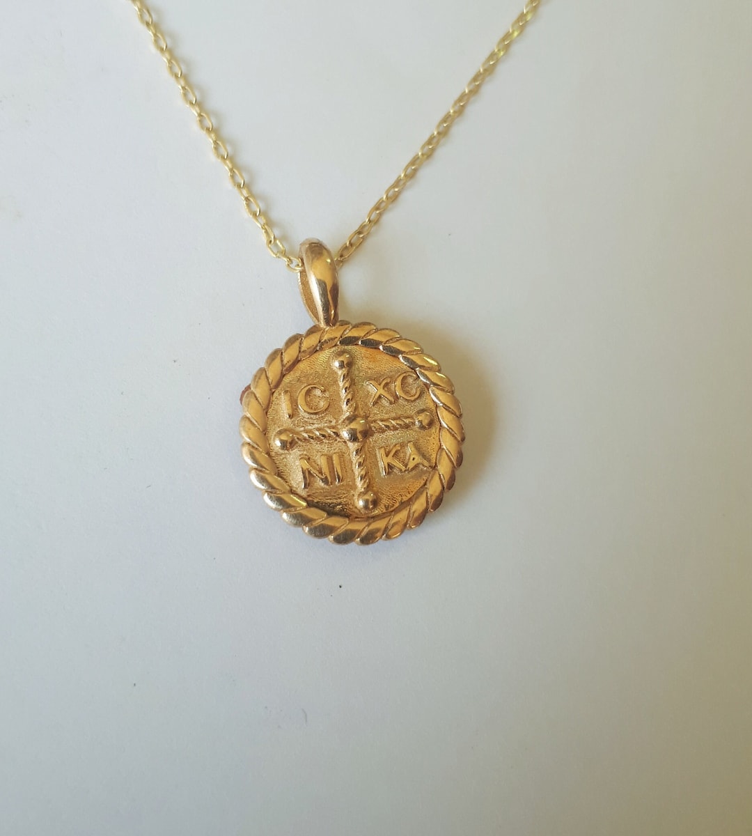 14K Solid Gold Cross NIKA Coin Necklace, Byzantine Cross, Cross Jewel ...
