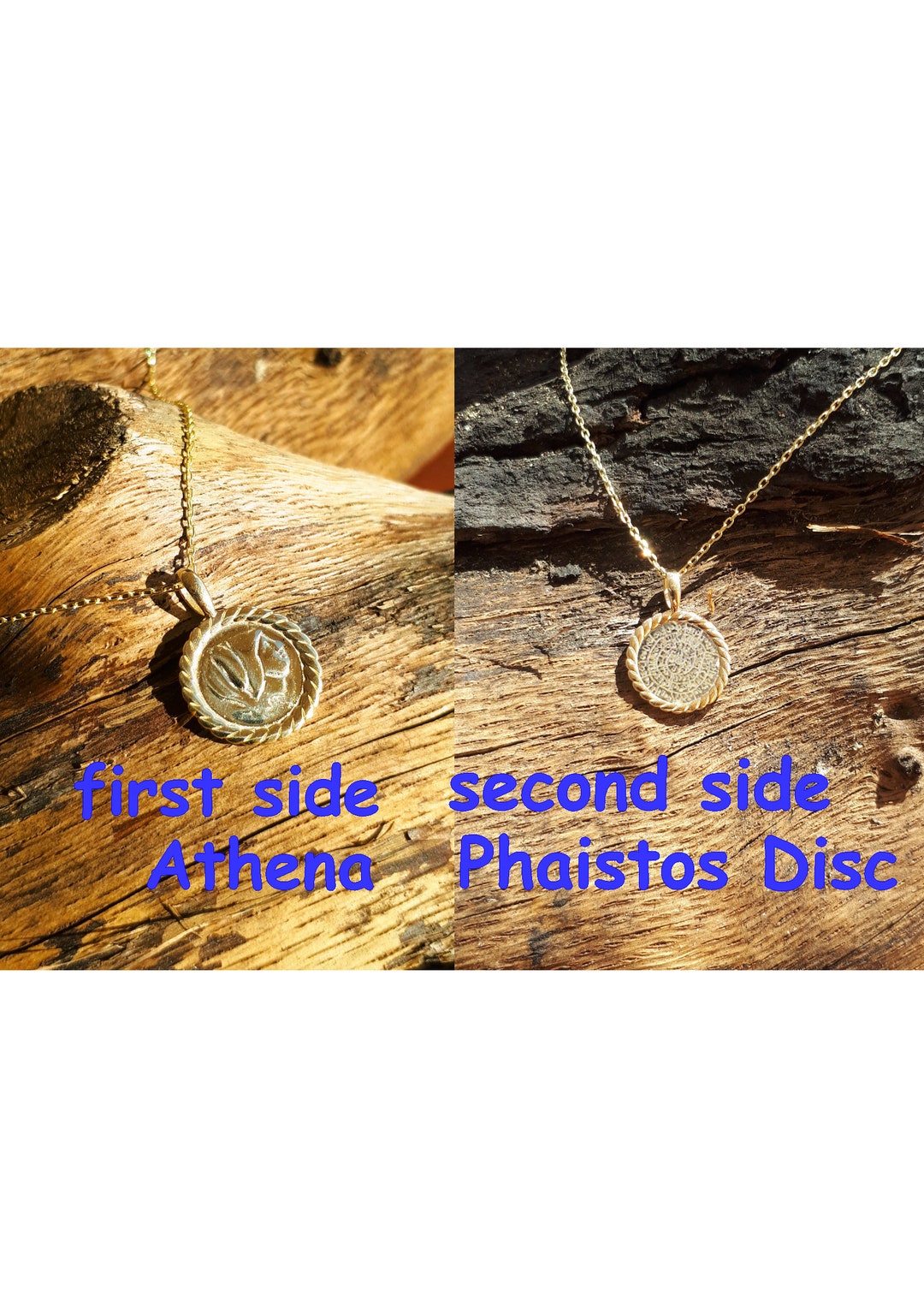 Two Sides Athena and Phaistos Disc Necklace With Twisted Frame, 14K ...