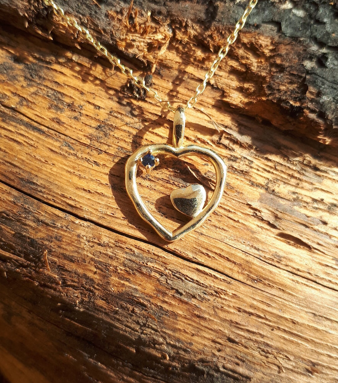 14K Solid Gold Double Heart With Natural Sapphire Necklace, Double ...