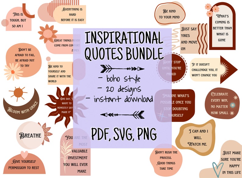 Inspirational Boho Quotes Design Bundle, Motivational Mental Health Quotes Digital, Bohemian ...
