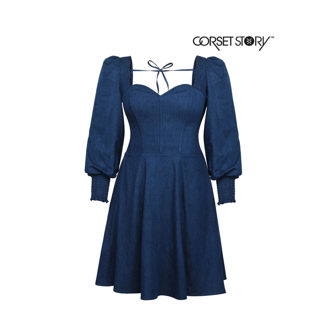 Corset Story Sunflower Blue Chambray Steel Boned Corset Dress With Long ...