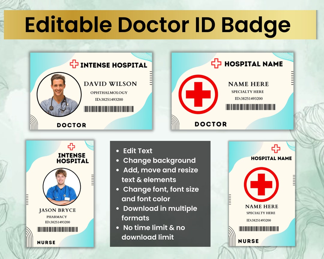 Doctor ID Badge Editable Hospital Staff ID Doctor Name - Etsy