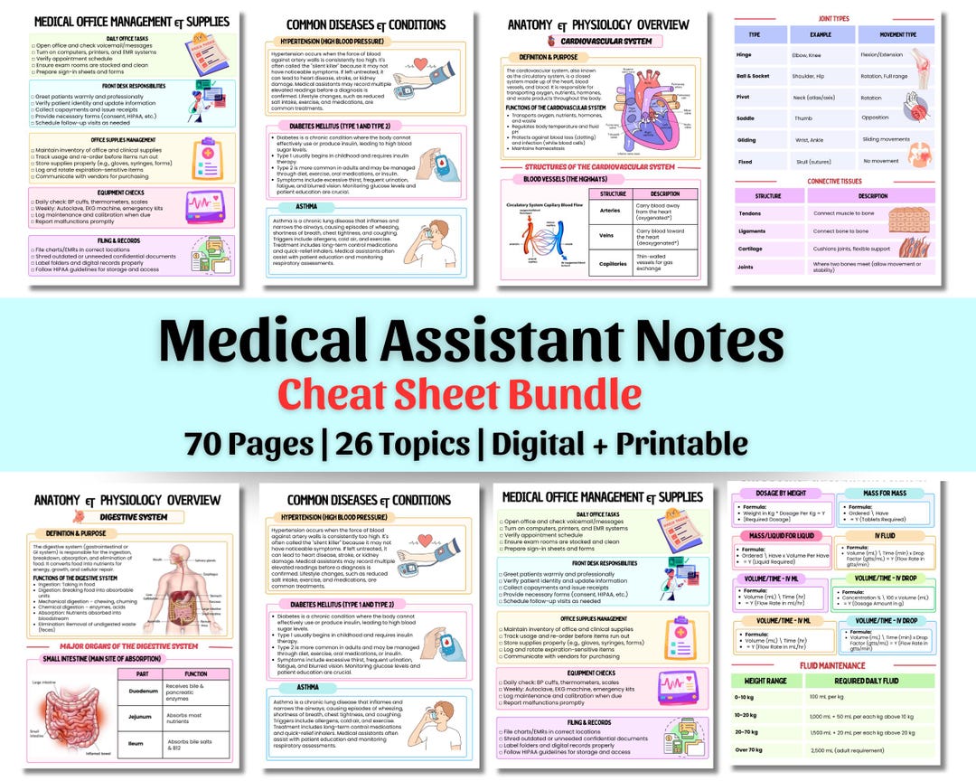 Medical Assistant Notes & Cheat Sheet Bundle | Medical Assistant Study ...
