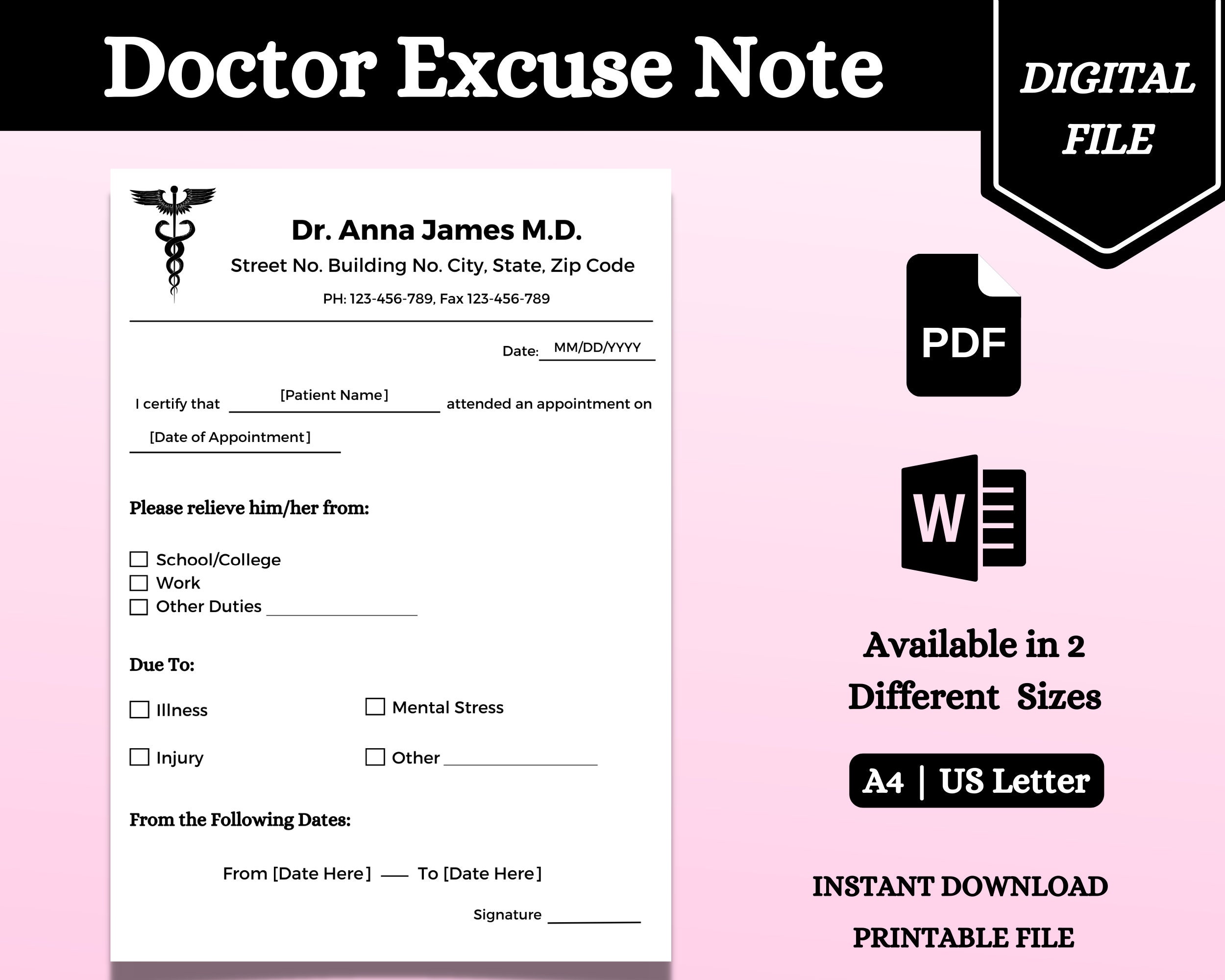 Fillable Doctor Excuse Note Doctors Note For Work Work Excuse Template