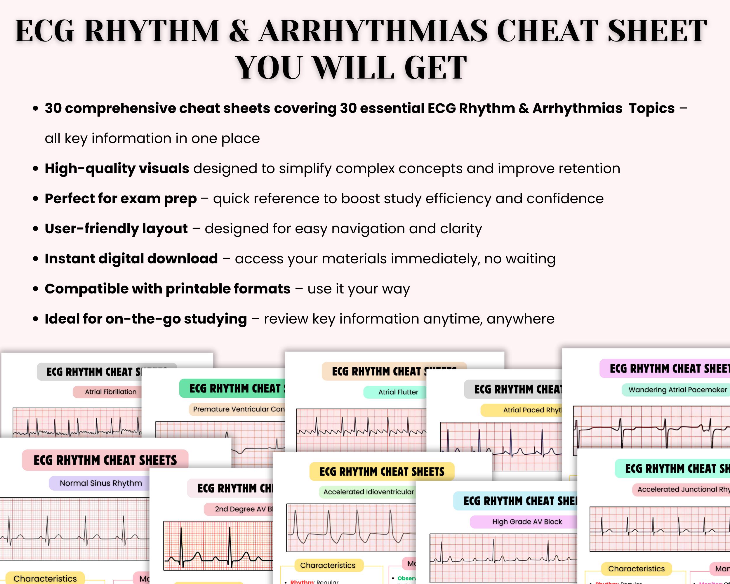 ECG Rhythm & Arrhythmias Cheat Sheet | ECG Study Guide | Nursing Notes ...