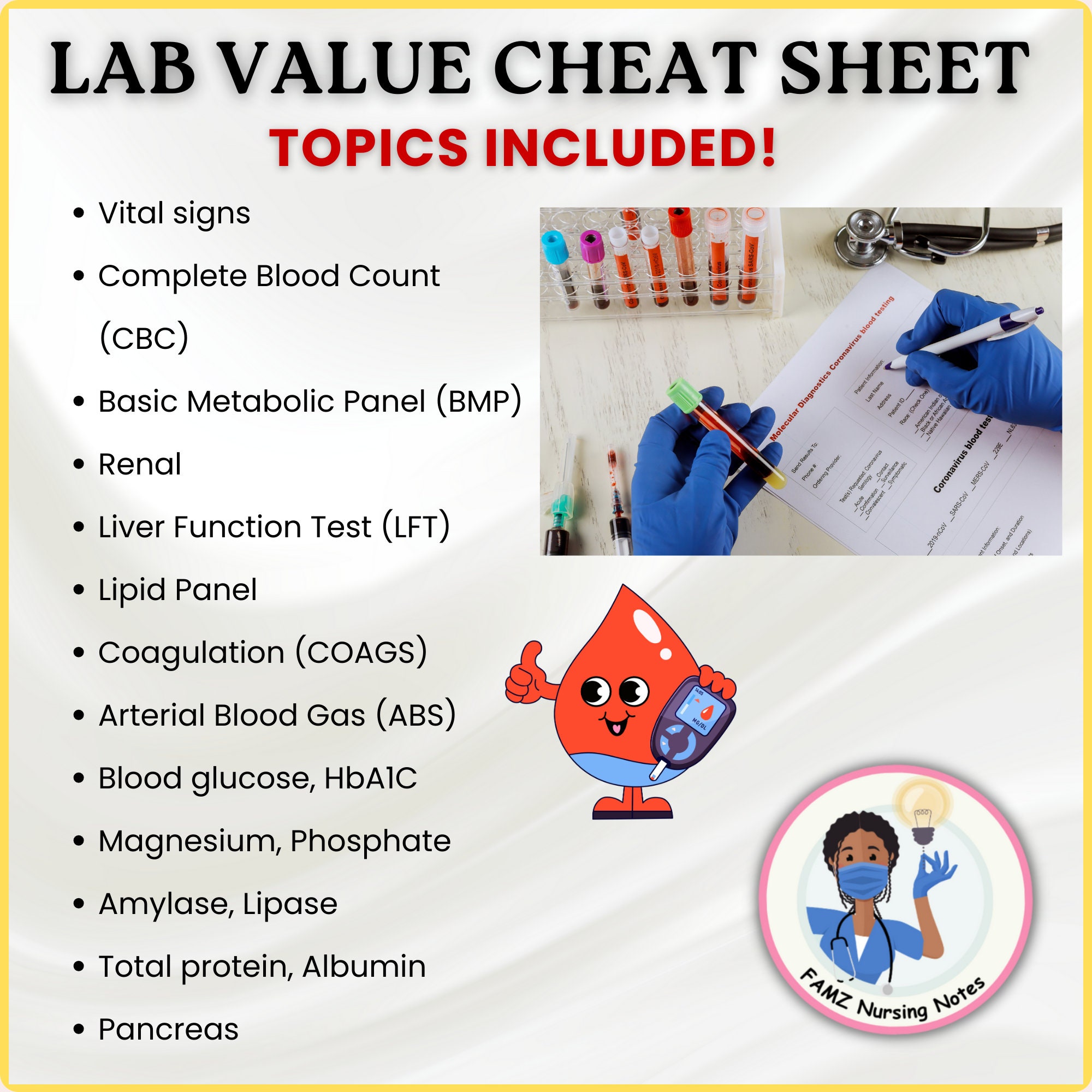 6 Pages Lab Values Cheat Sheet & Memory Tricks | Lab Values Nursing ...