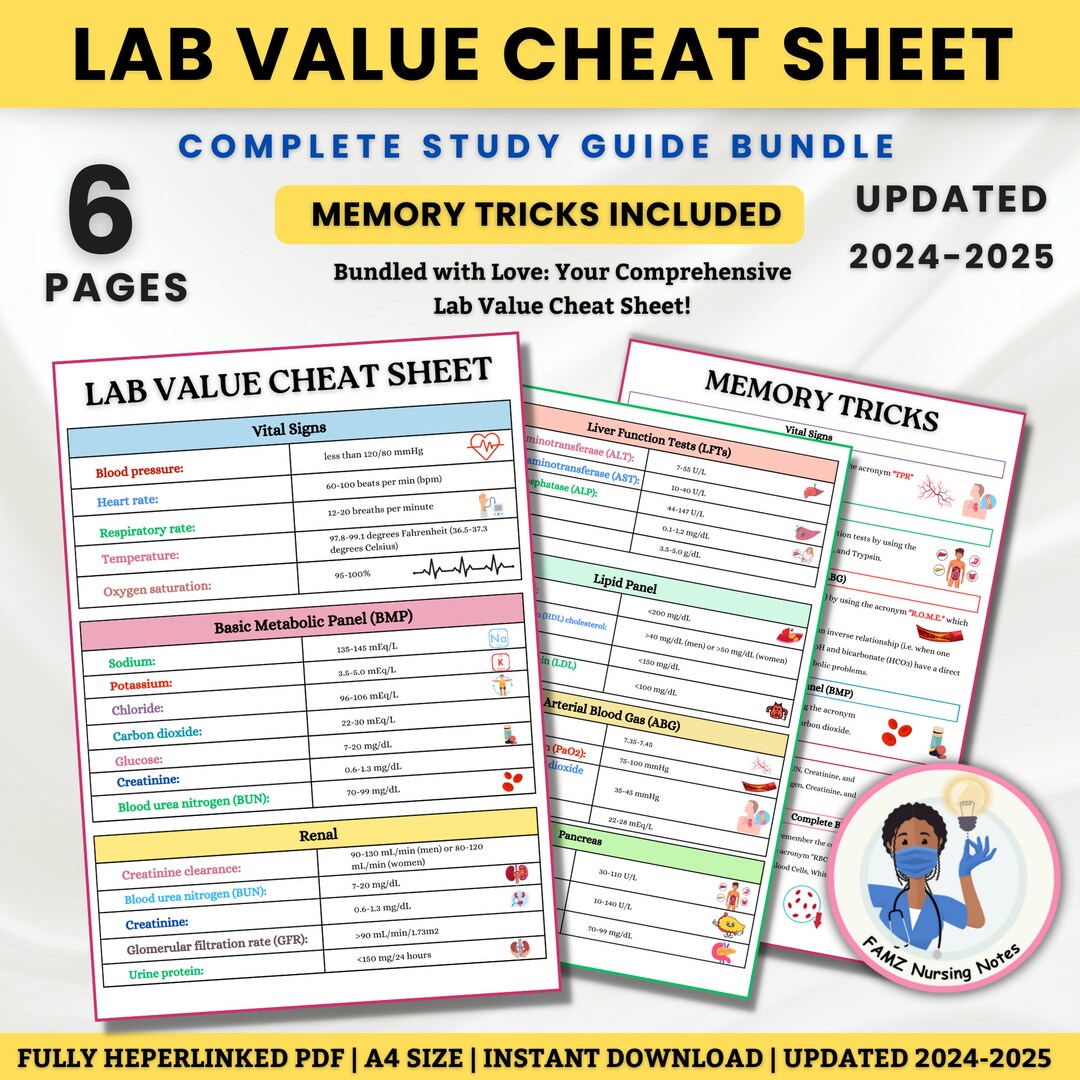 6 Pages Lab Values Cheat Sheet & Memory Tricks | Lab Values Nursing ...