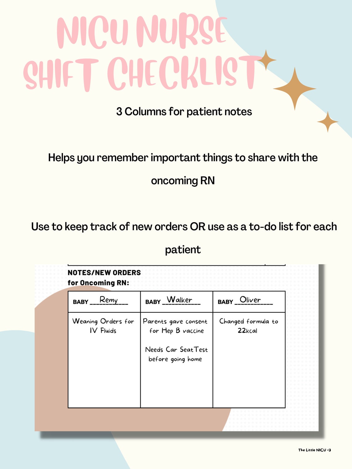 NICU Nurse Shift Checklist | NICU Checklist | NICU Report Sheet ...