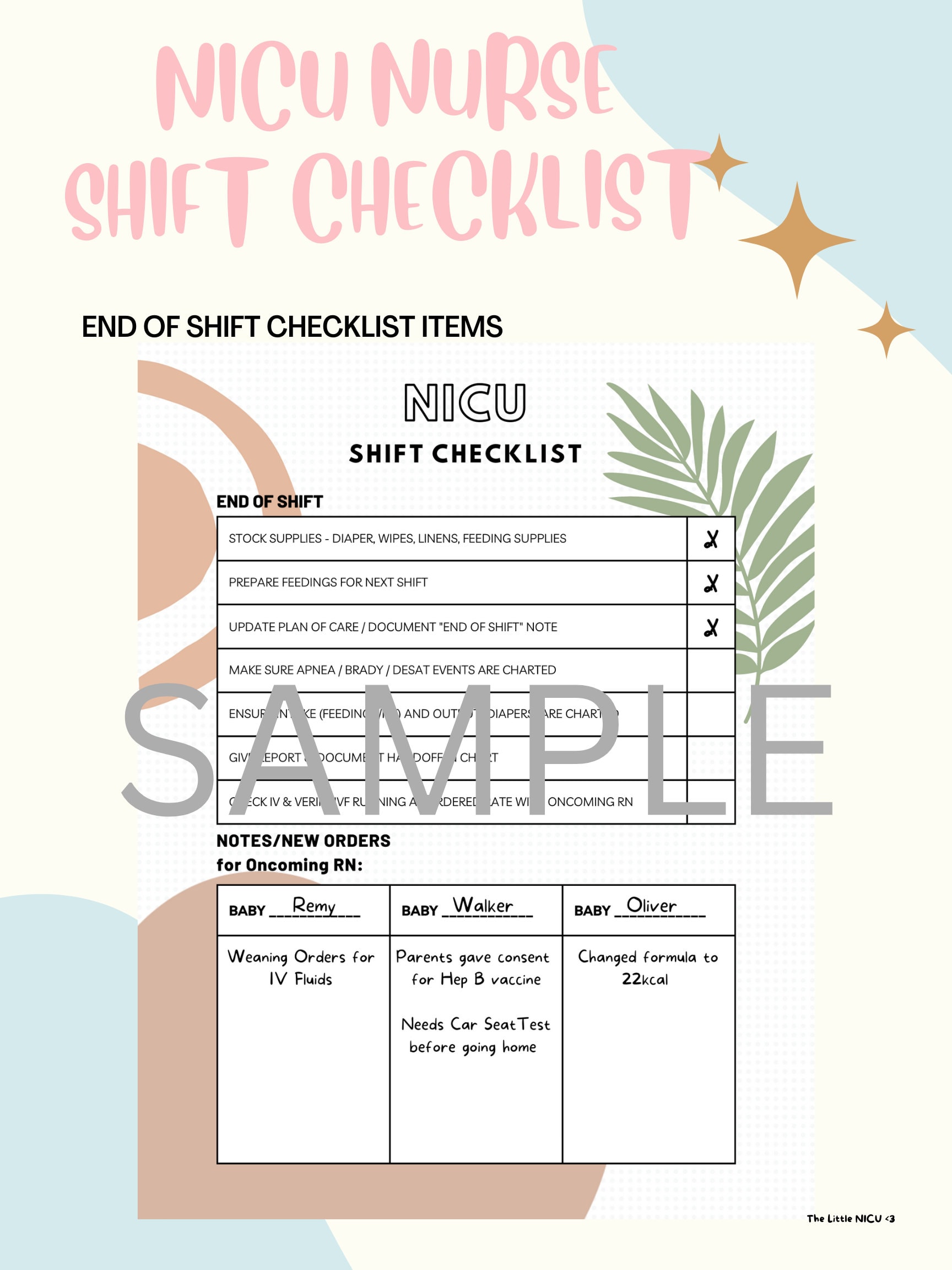 NICU Nurse Shift Checklist | NICU Checklist | NICU Report Sheet ...