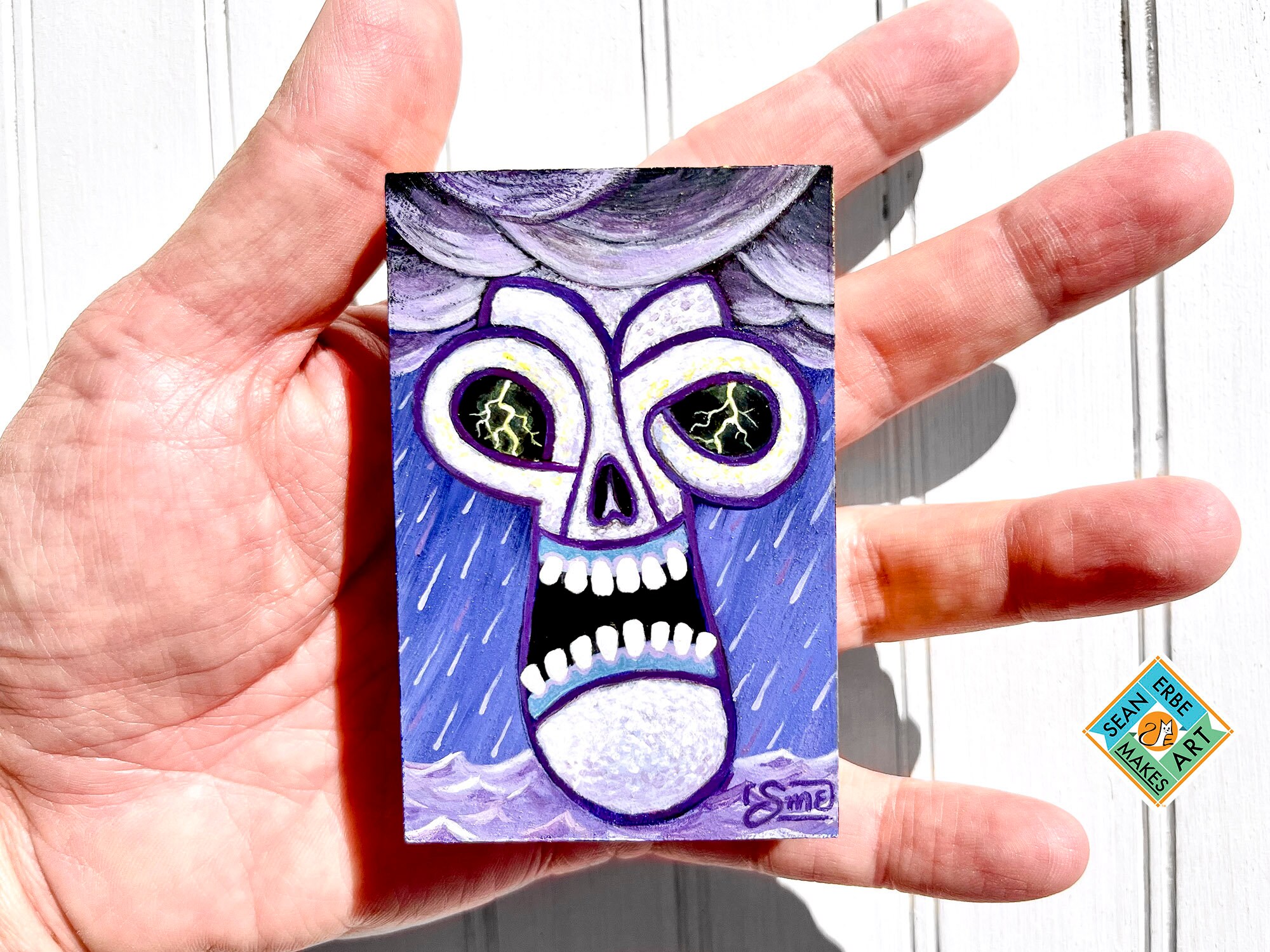 Stylized Human Skull, Miniature Painting, Acrylic on Wood, Stormy Sea ...