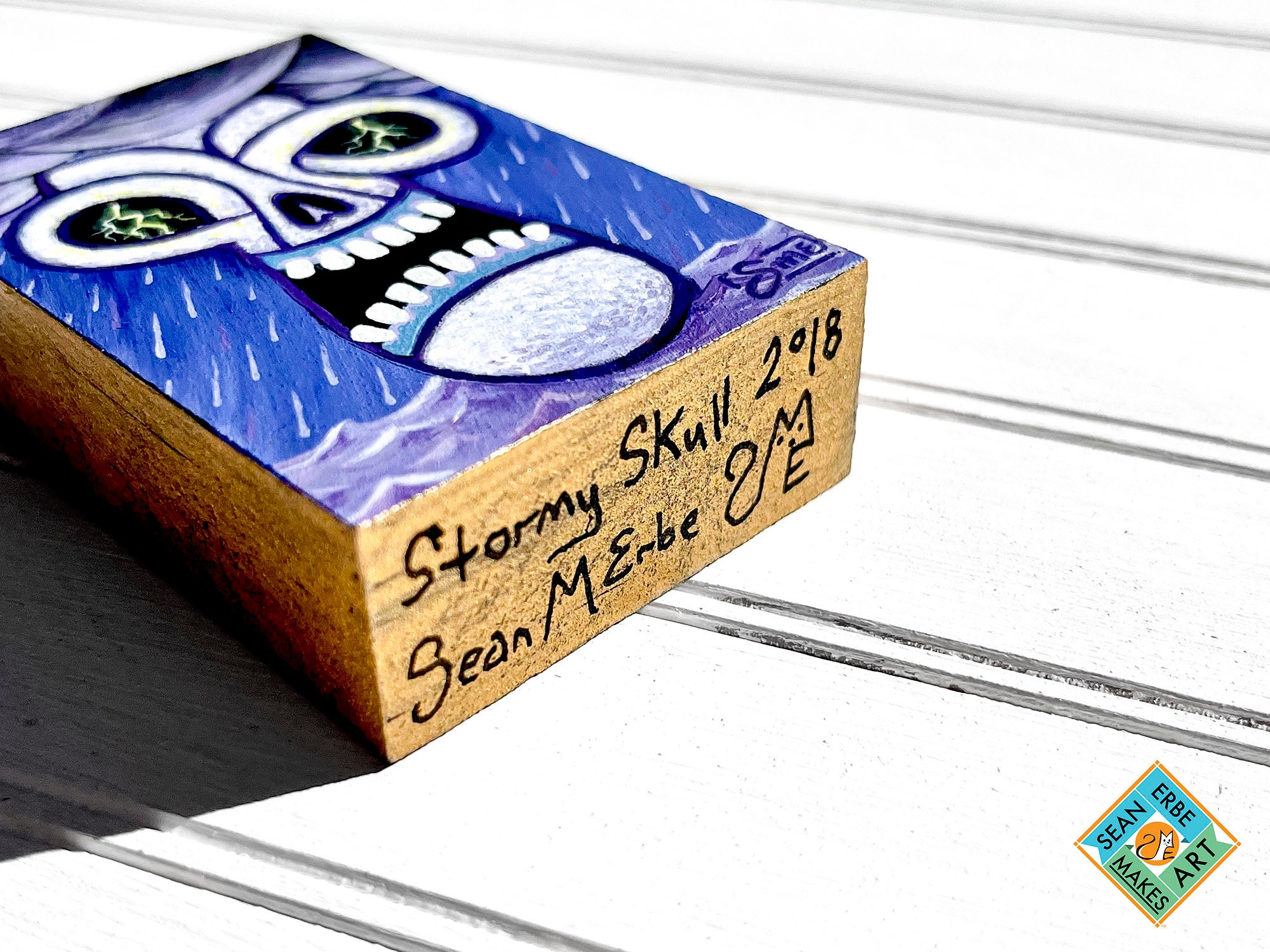 Stylized Human Skull, Miniature Painting, Acrylic on Wood, Stormy Sea ...