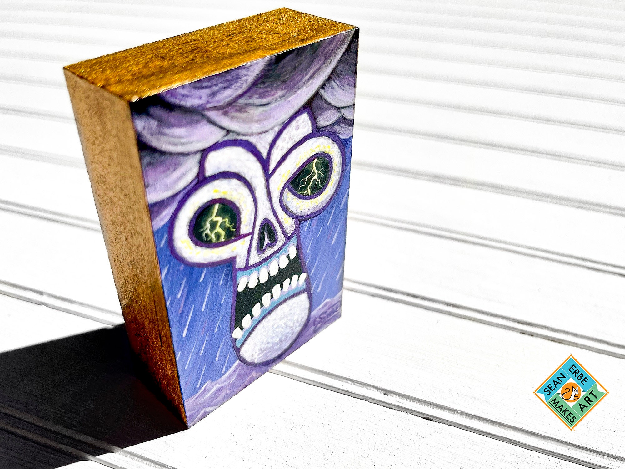 Stylized Human Skull, Miniature Painting, Acrylic on Wood, Stormy Sea ...