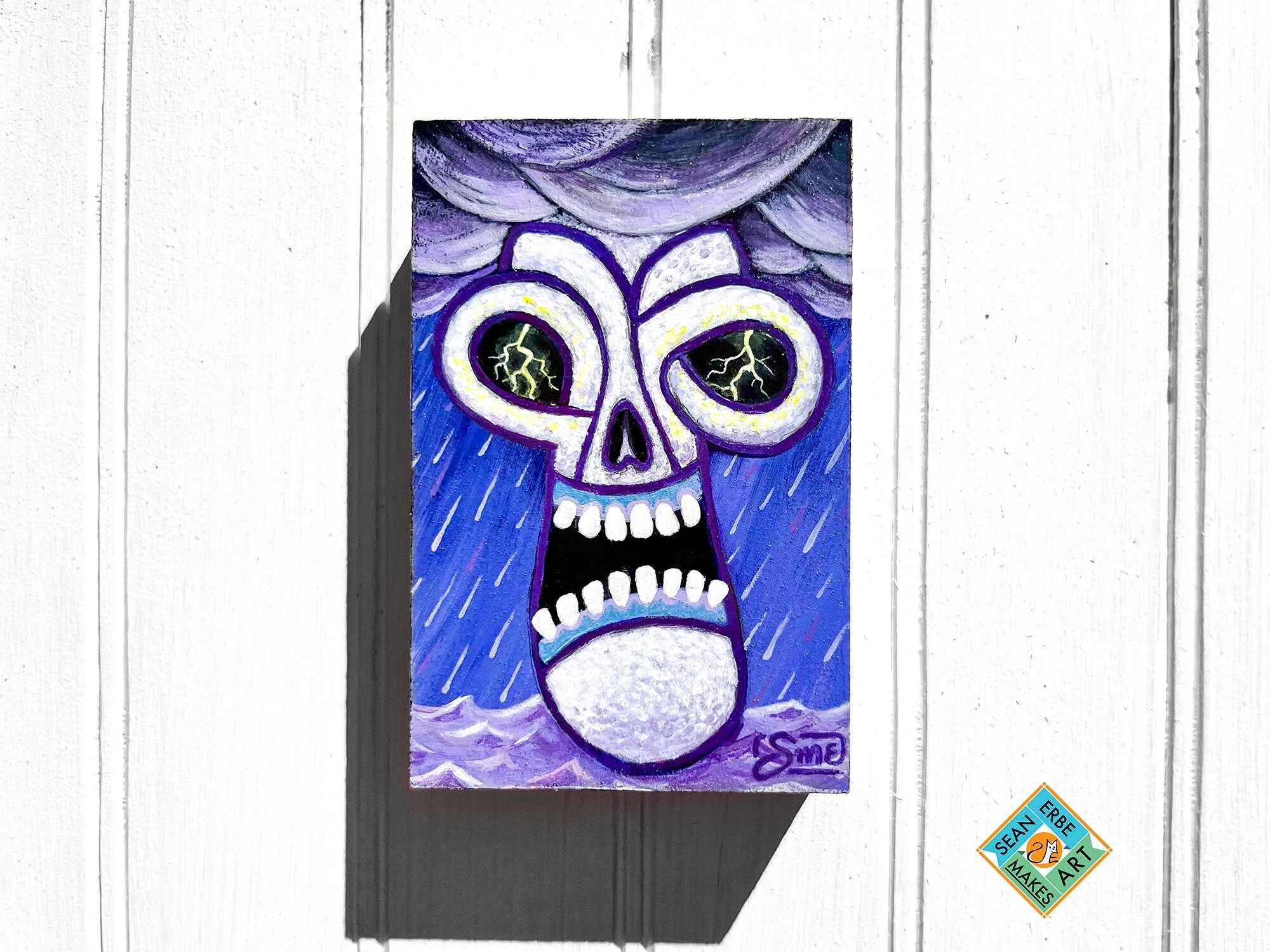 Stylized Human Skull, Miniature Painting, Acrylic on Wood, Stormy Sea ...