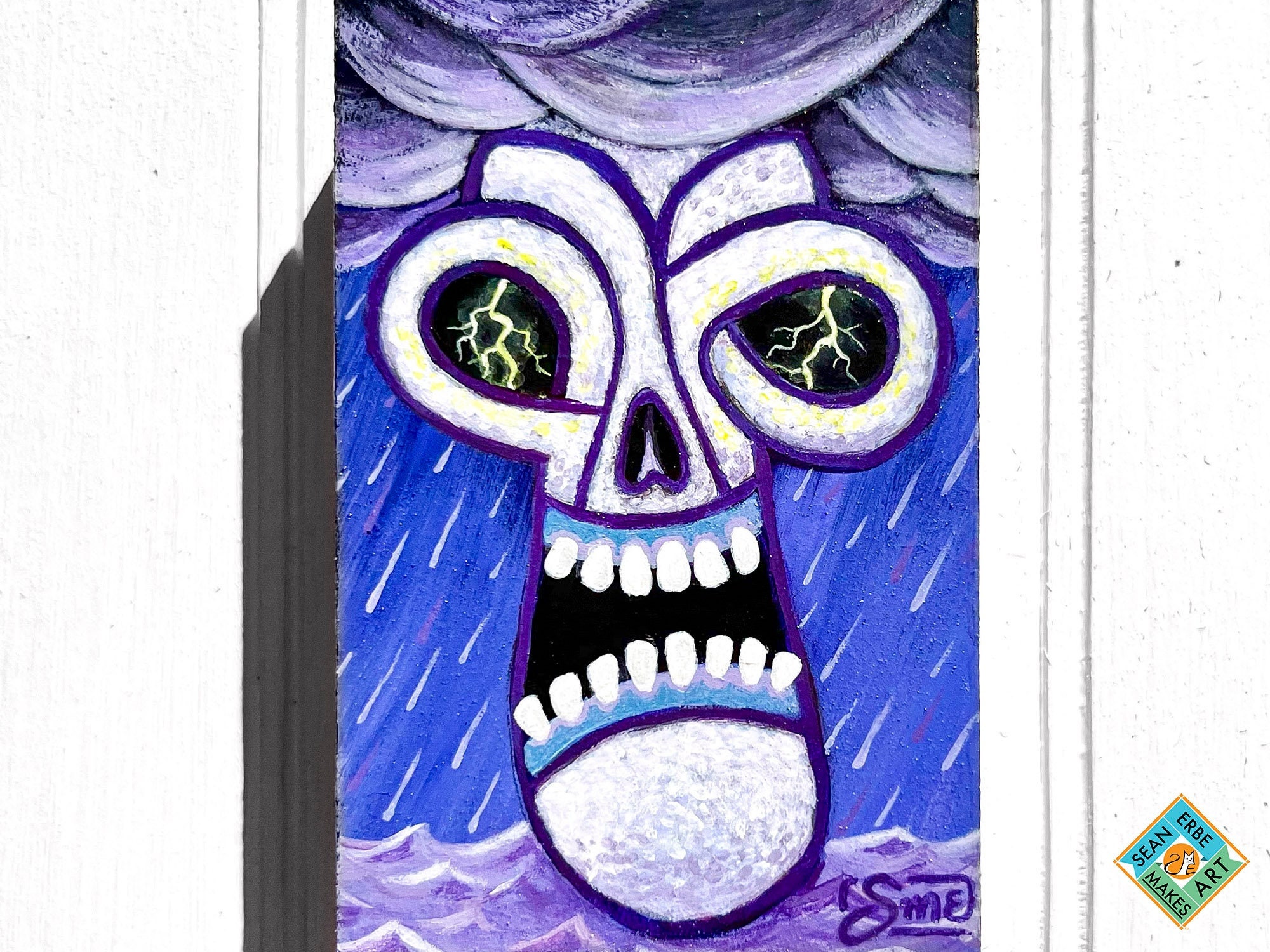 Stylized Human Skull, Miniature Painting, Acrylic on Wood, Stormy Sea ...