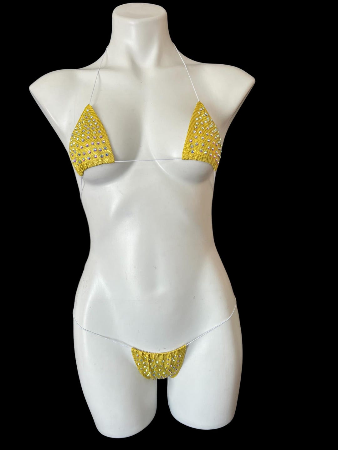Exotic Dancewear Stripper Outfit Yellow Rhinestone Microkini Micro Set ...