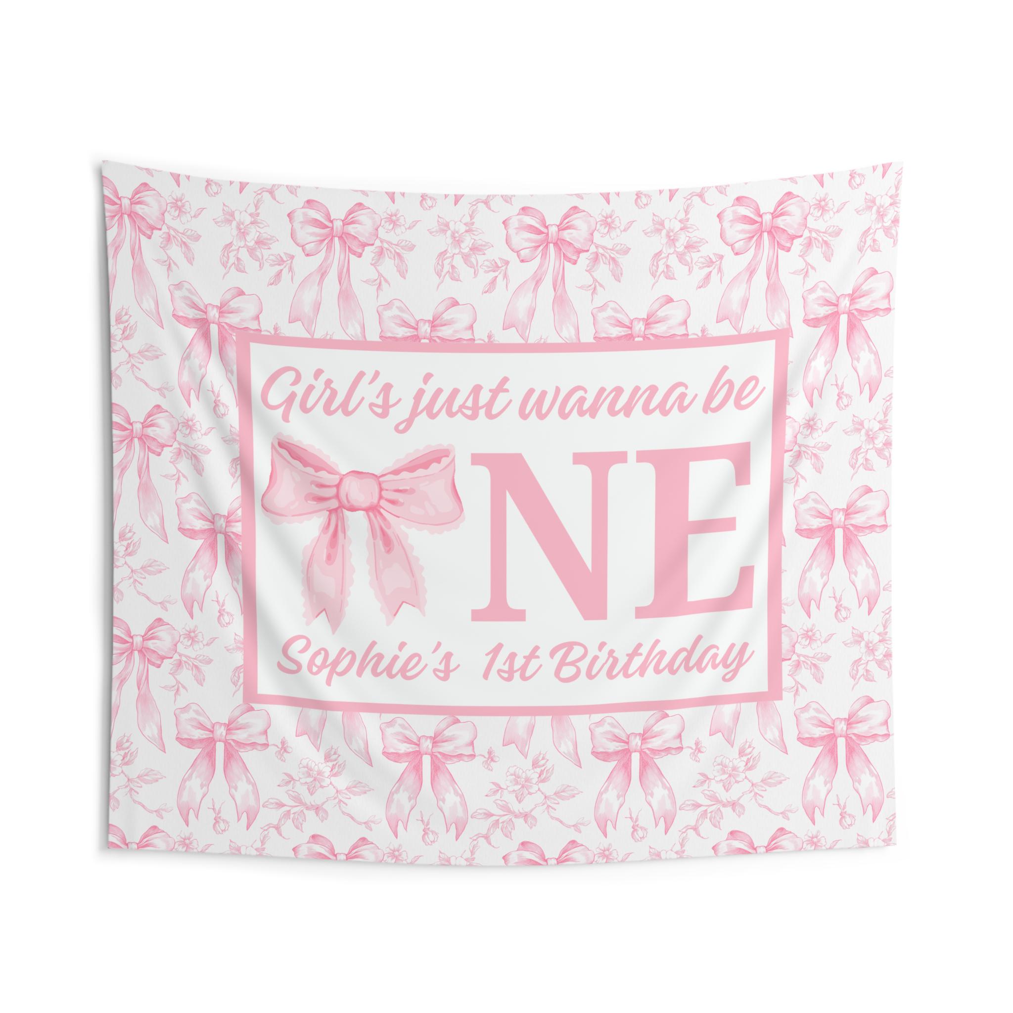 Toile Girls Just Wanna Be One Banner, Birthday Decor Sign Pink Bow 1st ...