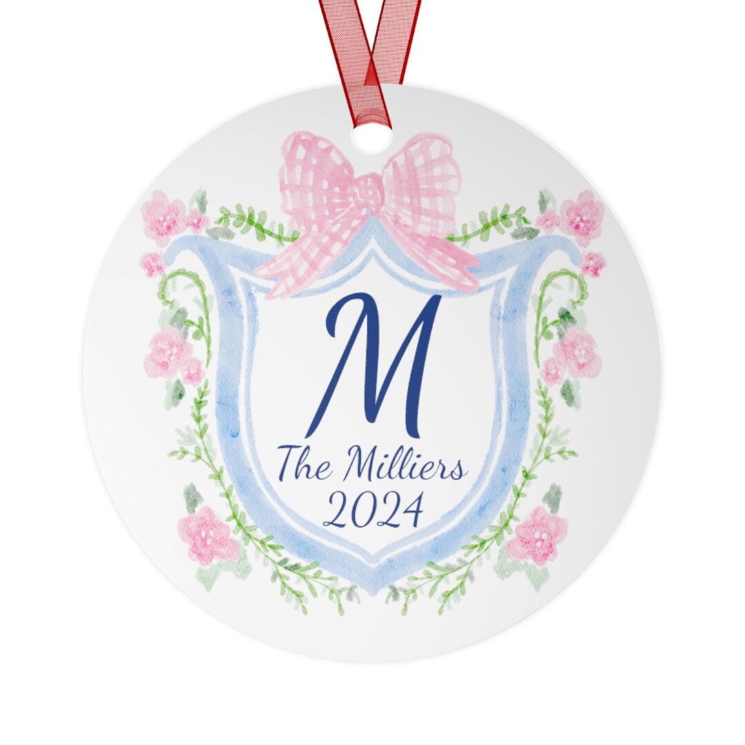 Grandmillennial Style Crest Preppy Ornament, Last Name Bow Watercolor ...