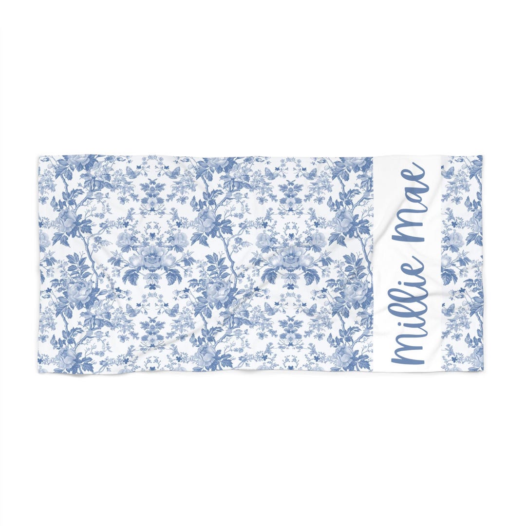 BLUE Toile Chinoiserie Beach Towel, Custom Personalized Preppy ...